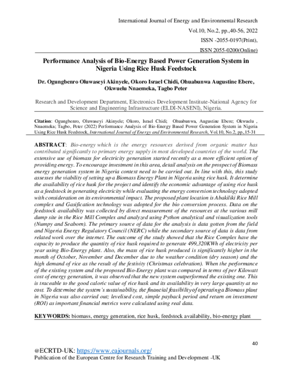 (PDF) Performance Analysis of Bio-Energy Based Power Generation System in Nigeria Using Rice ...