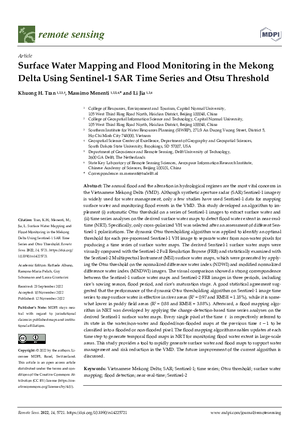 Pdf Surface Water Mapping And Flood Monitoring In The Mekong Delta Using Sentinel 1 Sar Time