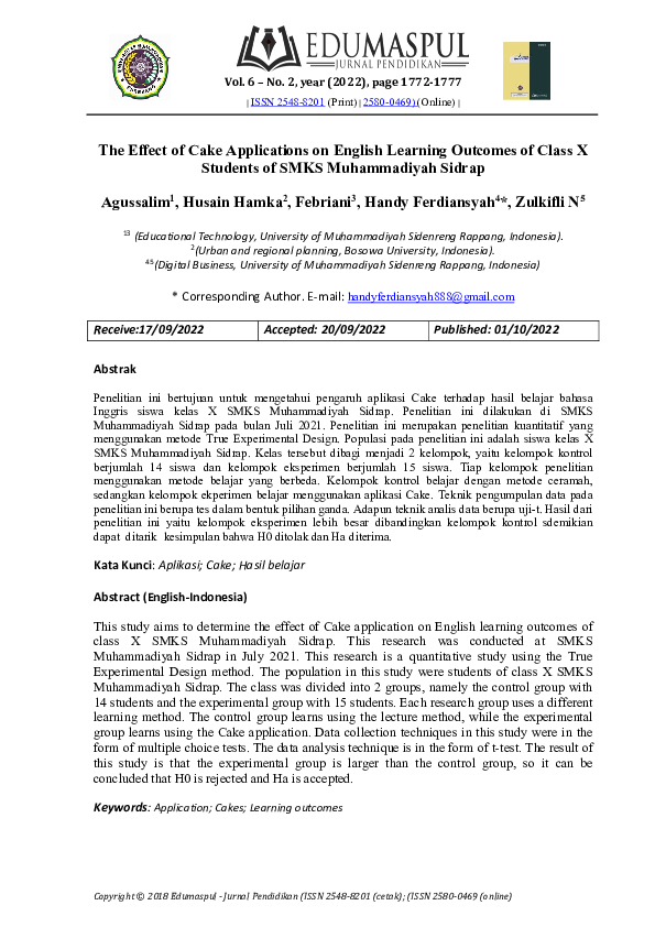 (PDF) The Effect of Cake Applications on English Learning Outcomes of ...