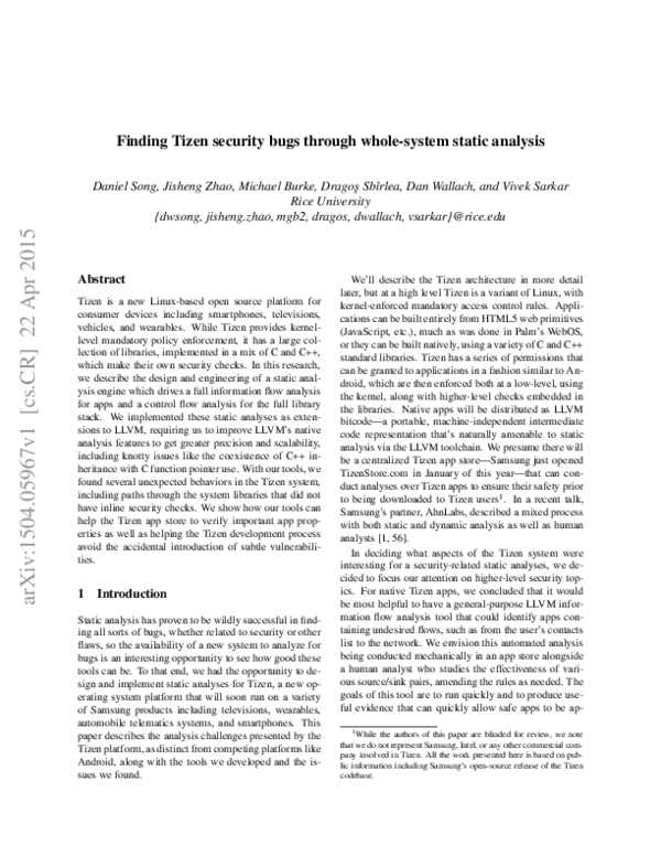 Pdf Finding Tizen Security Bugs Through Whole System Static Analysis