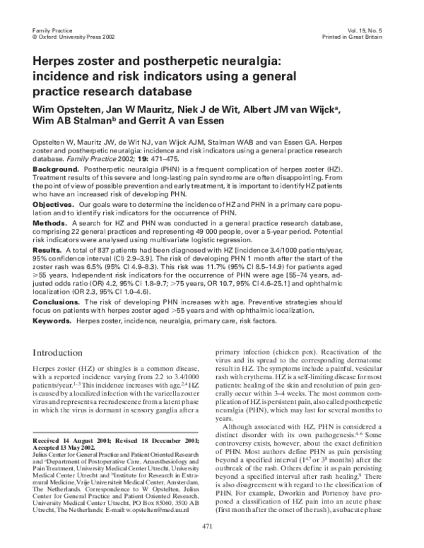 (PDF) Herpes zoster and postherpetic neuralgia: incidence and risk ...