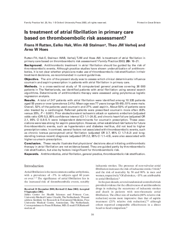(PDF) Is treatment of atrial fibrillation in primary care based on thromboembolic risk assessment?