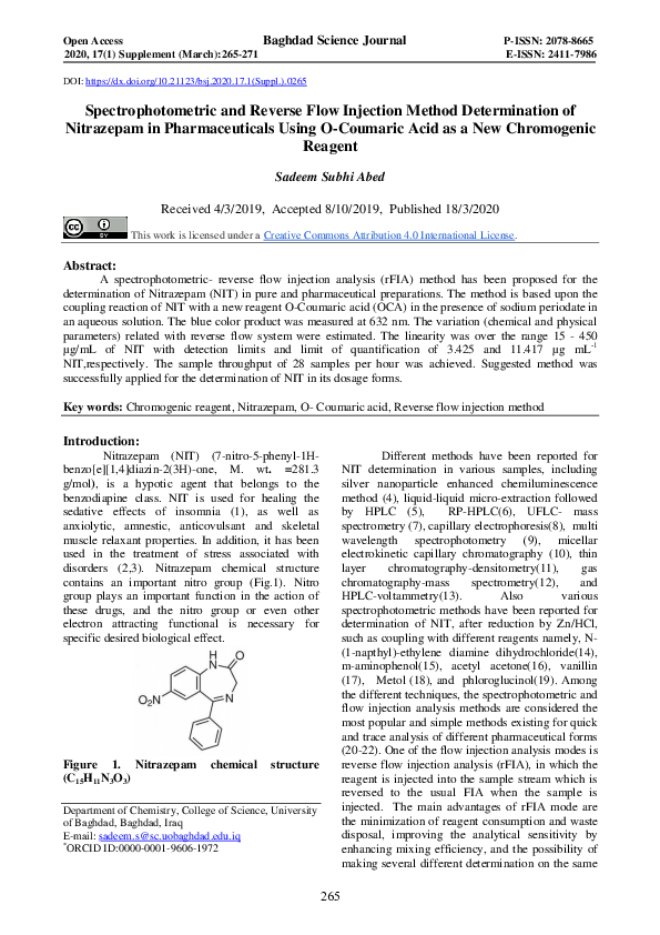 Pdf Spectrophotometric And Reverse Flow Injection Method Determination Of Nitrazepam In
