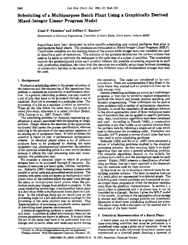 (PDF) Scheduling of a multipurpose batch plant using a graphically derived Mixed-Integer Linear ...