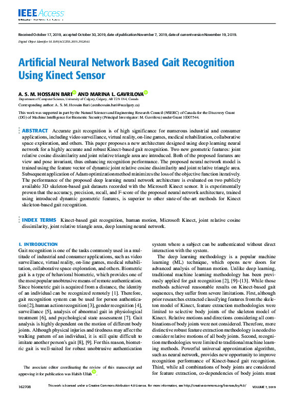 Pdf Artificial Neural Network Based Gait Recognition Using Kinect Sensor