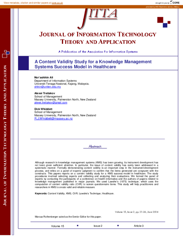 (PDF) A Content Validity Study for a Knowledge Management System Success Model in Healthcare