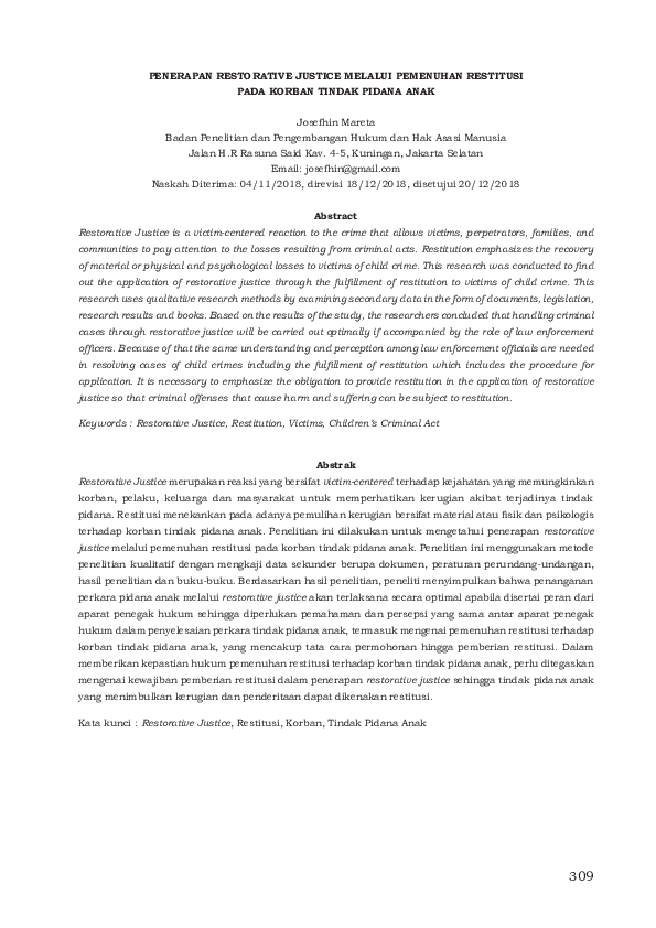 (PDF) Penerapan Restorative Justice Melalui Pemenuhan Restitusi Pada Korban Tindak Pidana Anak