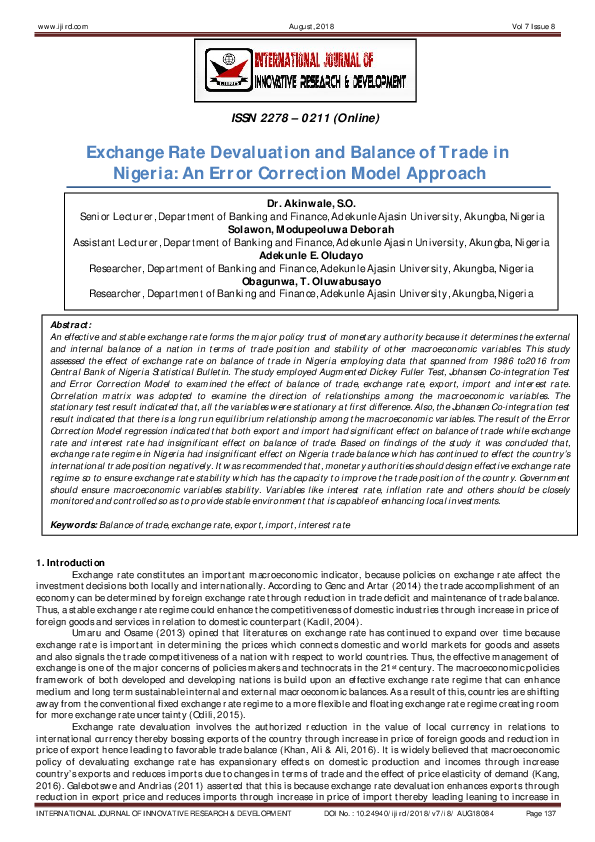 (PDF) Exchange Rate Devaluation and Balance of Trade in Nigeria: An ...