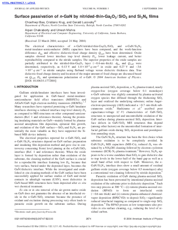 (PDF) Surface passivation of n-GaN by nitrided-thin-Ga2O3∕SiO2 and Si3N4 films