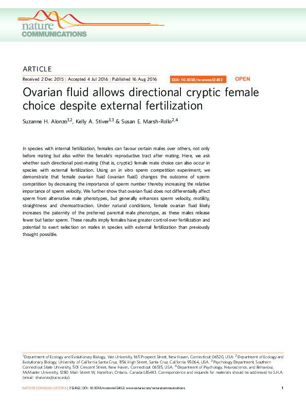 (PDF) Ovarian fluid allows directional cryptic female choice despite ...