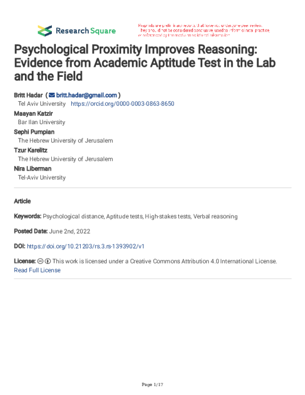 (PDF) Psychological Proximity Improves Reasoning: Evidence from ...