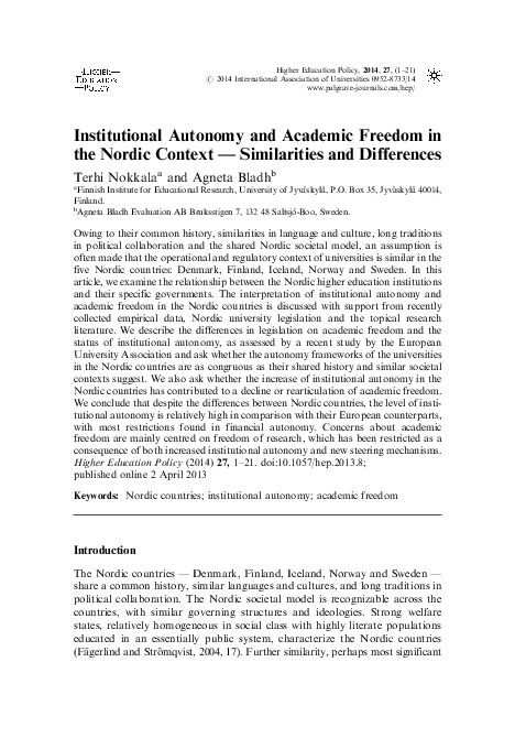(PDF) Institutional Autonomy and Academic Freedom in the Nordic Context ...