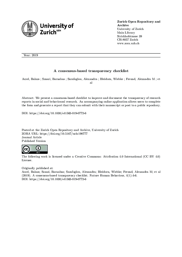 (PDF) Consensus Checklist for Research Transparency