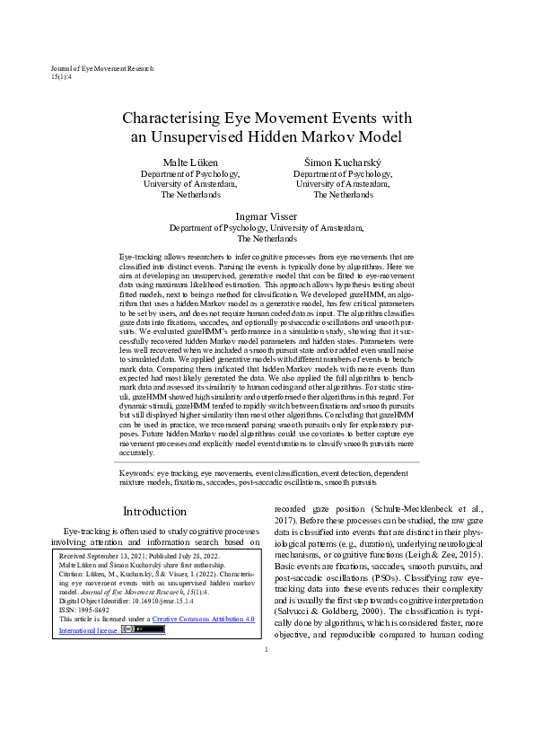 (PDF) Characterising Eye Movement Events With an Unsupervised Hidden Markov Model