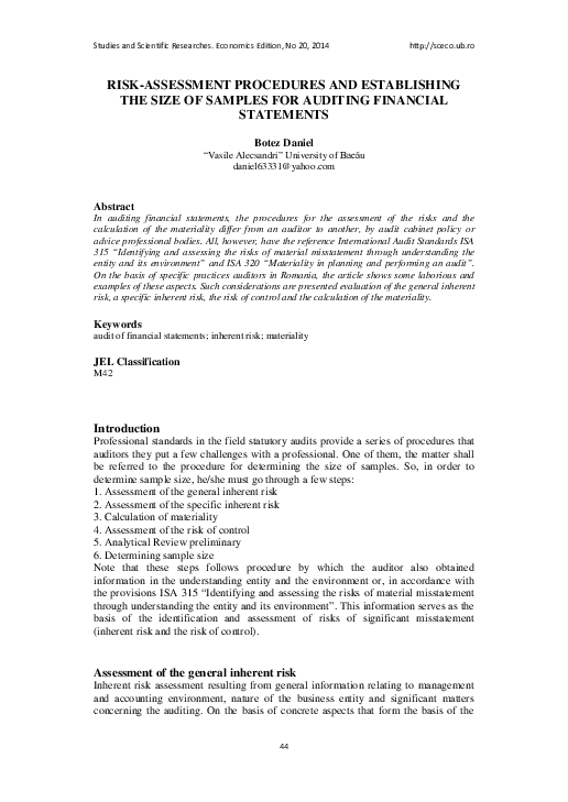 (PDF) Risk-Assessment Procedures and Establishing the Size of Samples for Auditing Financial ...