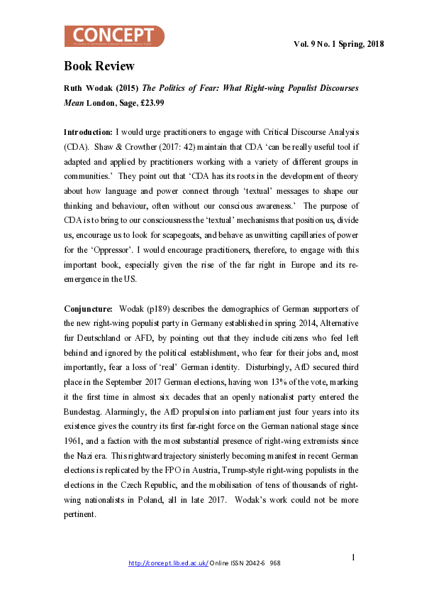 (PDF) Ruth Wodak. (2015) The Politics of Fear. What Right-wing Populist ...