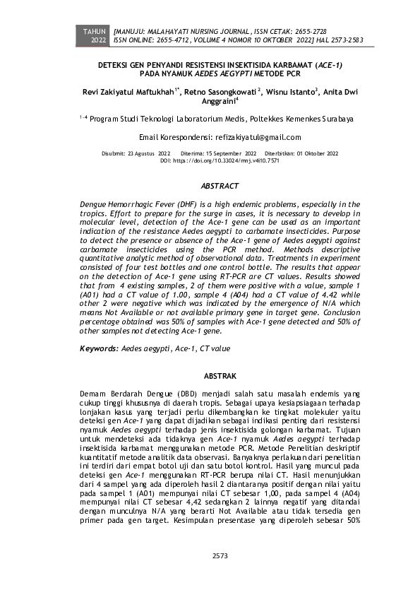 (PDF) Deteksi Gen Penyandi Resistensi Insektisida Karbamat (Ace-1) pada ...