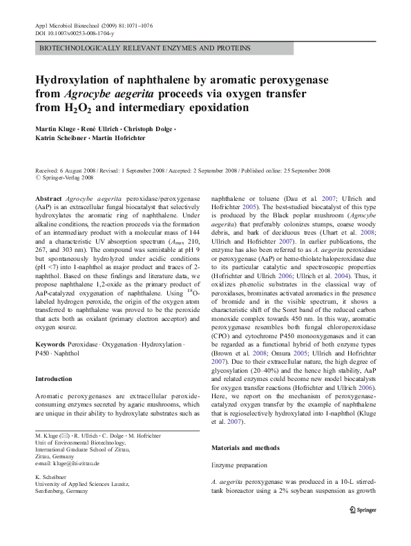 (PDF) Hydroxylation of naphthalene by aromatic peroxygenase from ...