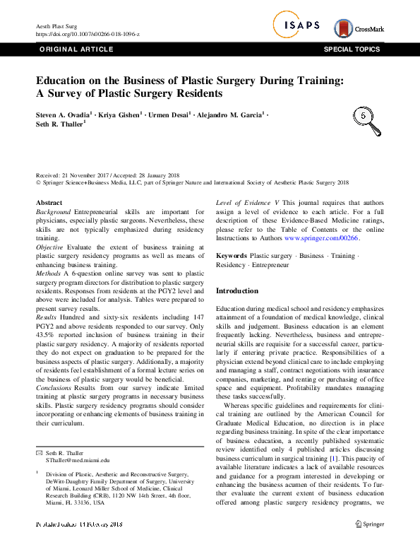 (PDF) Education on the Business of Plastic Surgery During Training: A ...