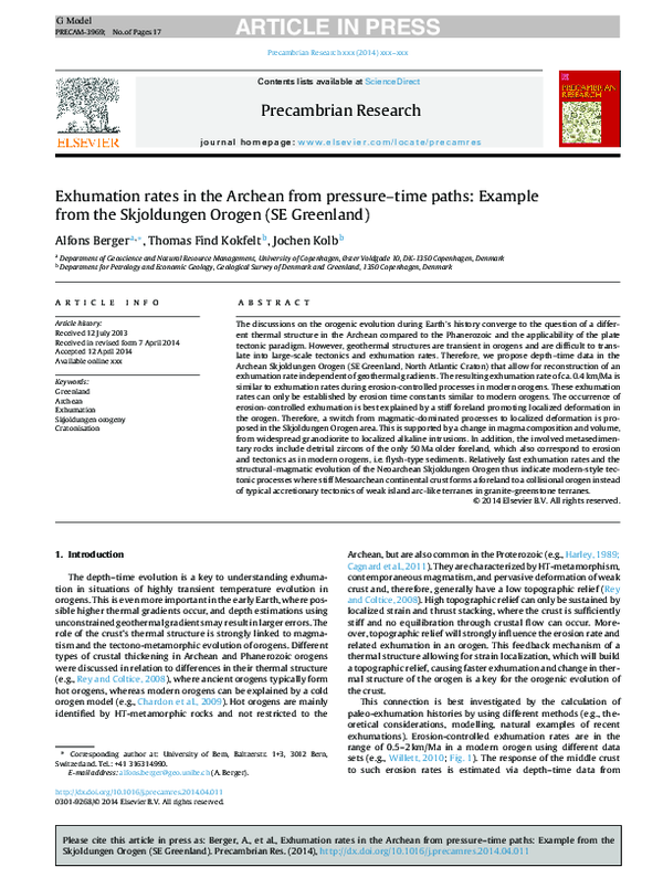 (PDF) Exhumation rates in the Archean from pressure–time paths: Example ...
