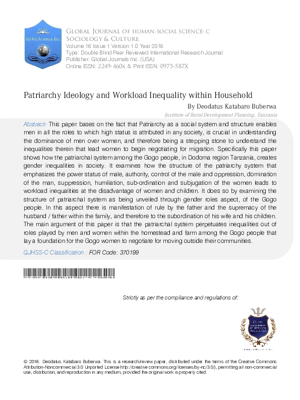 (PDF) Patriarchy Ideology and Workload Inequality within Household By ...