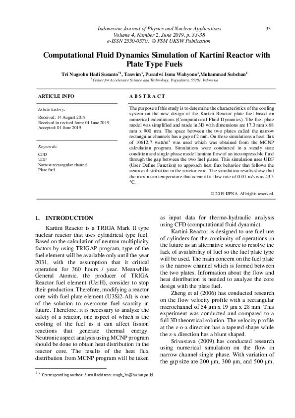 (PDF) Computational Fluid Dynamics Simulation of Kartini Reactor Fueled ...