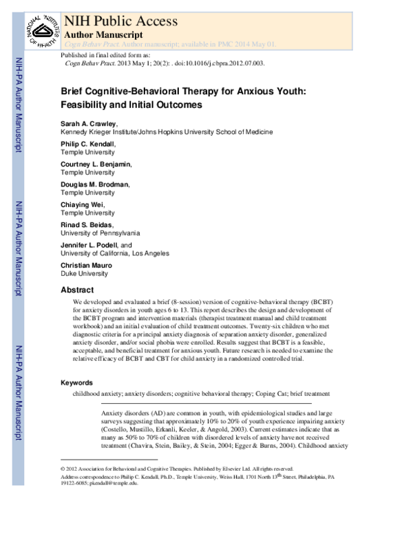 (PDF) Brief Cognitive-Behavioral Therapy for Anxious Youth: Feasibility and Initial Outcomes