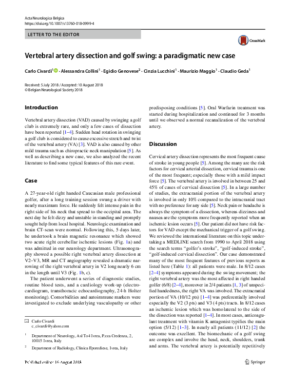(PDF) Vertebral artery dissection and golf swing: a paradigmatic new case