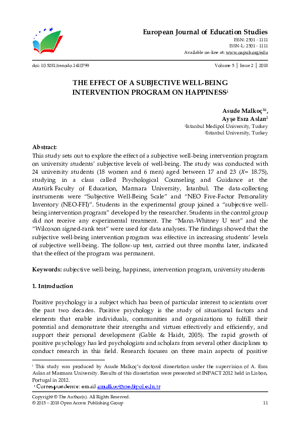(PDF) The Effect of a Subjective Well-Being Intervention Program on ...