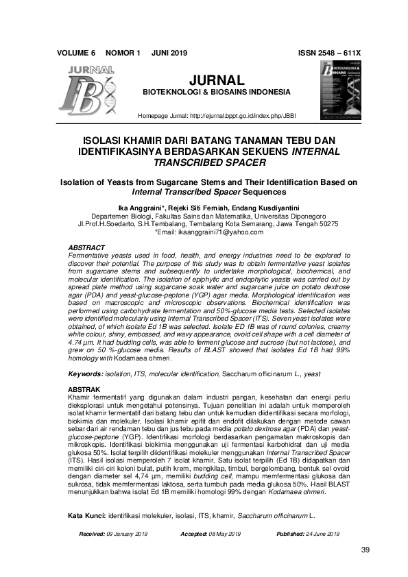 (PDF) Isolasi Khamir Dari Batang Tanaman Tebu Dan Identifikasinya ...