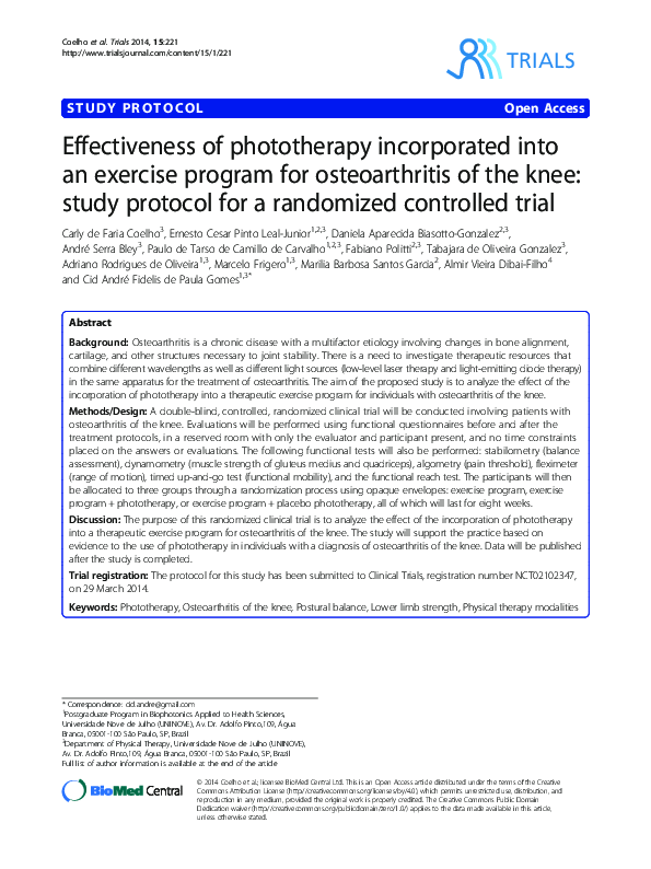 (PDF) Effectiveness of phototherapy incorporated into an exercise program for osteoarthritis of ...