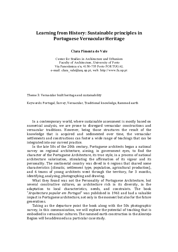 (PDF) Learning from History: Sustainable principles in Portuguese Vernacular Heritage
