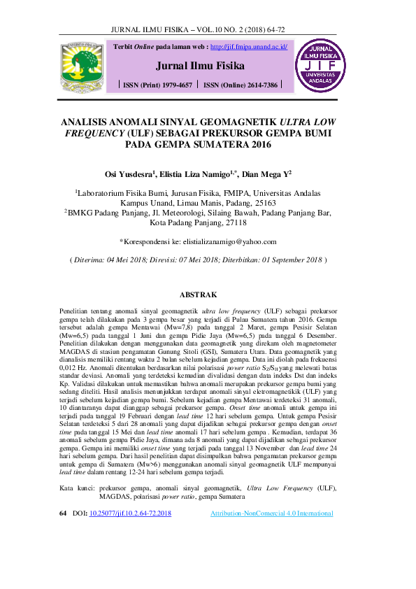 (PDF) Analisis Anomali Geomagnetik Ultra Low Frequency (ULF) Sebagai Prekursor Gempa Bumi Pada ...