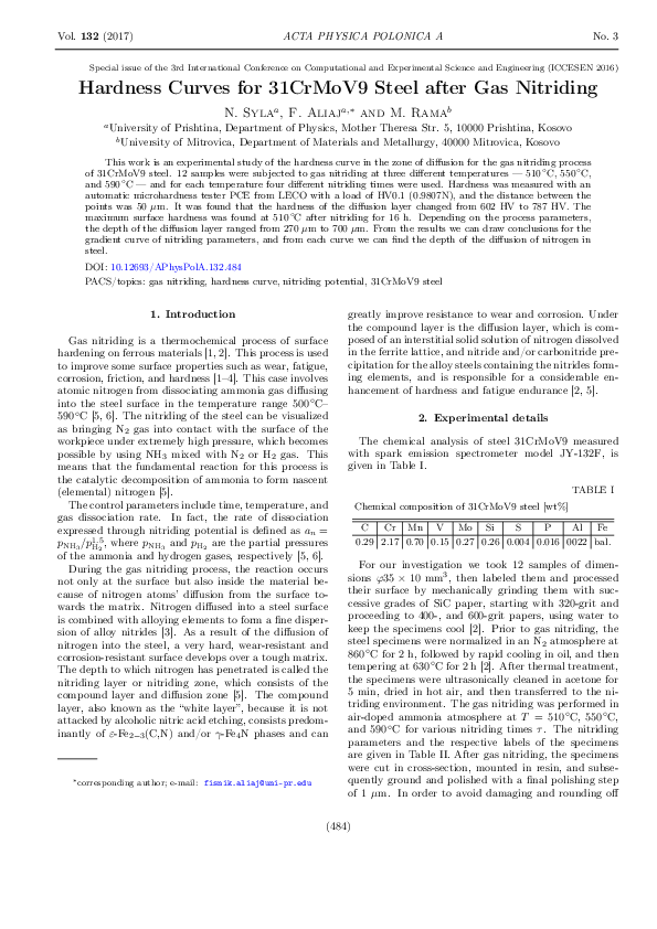 (PDF) Hardness Curves for 31CrMoV9 Steel after Gas Nitriding