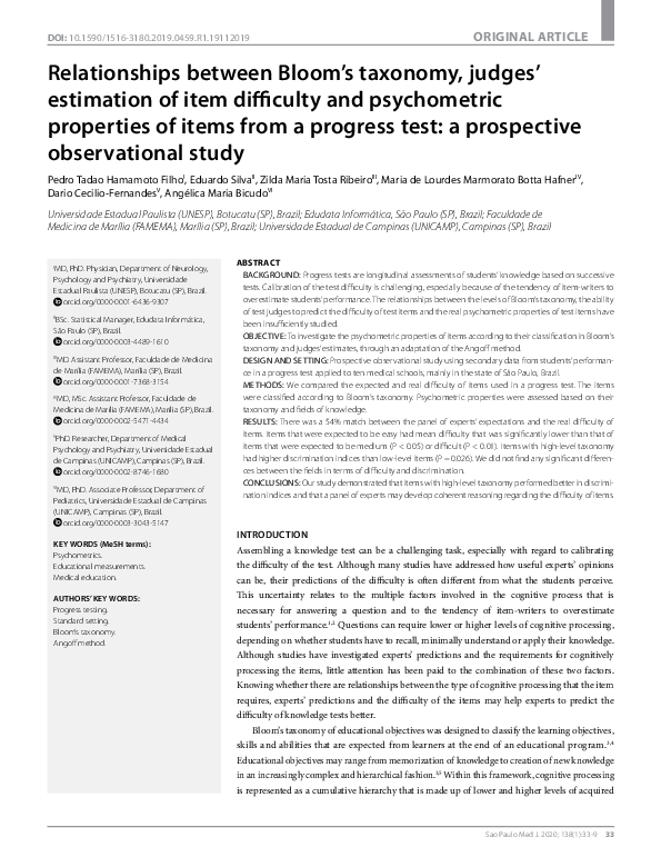 (PDF) Relationships between Bloom’s taxonomy, judges’ estimation of item difficulty and ...