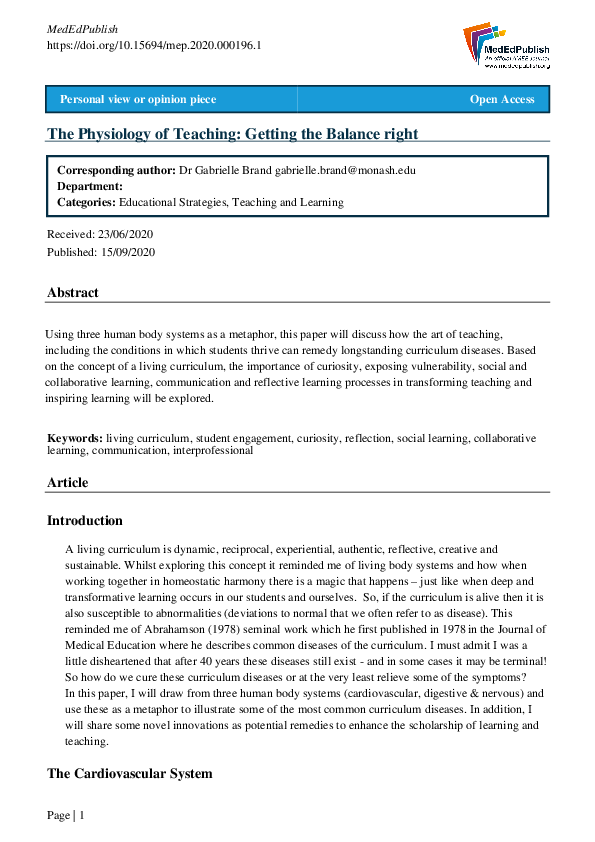 (PDF) The Physiology of Teaching: Getting the Balance right | Gabrielle ...