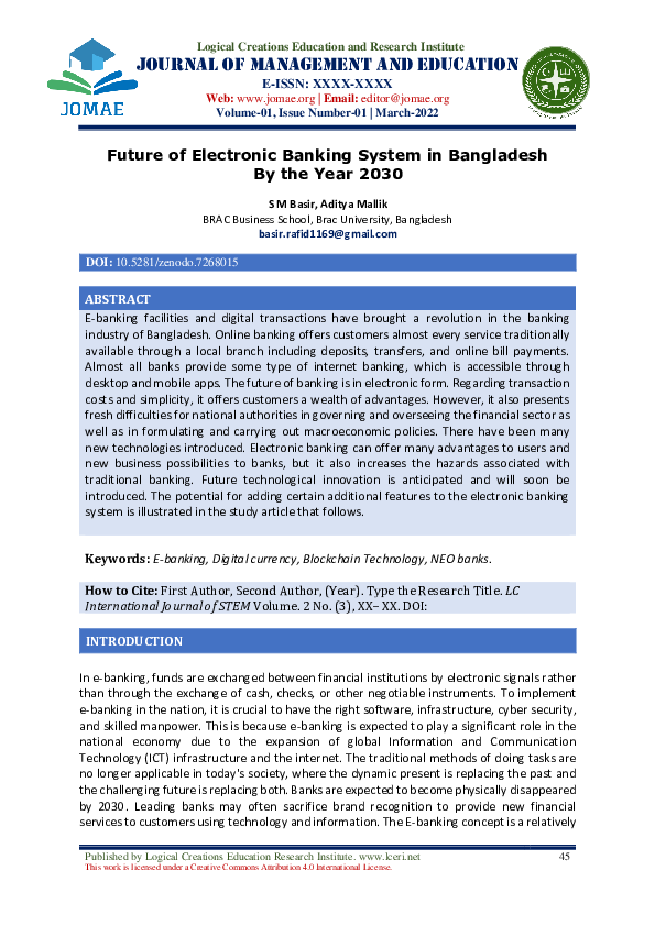 (PDF) Future of Electronic Banking System in Bangladesh By the Year 2030