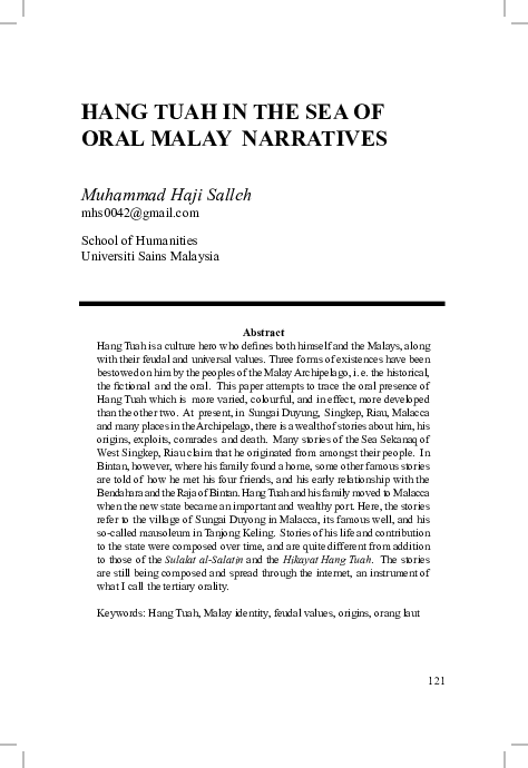 (PDF) Hang Tuah in the Sea of Oral Malay Narratives