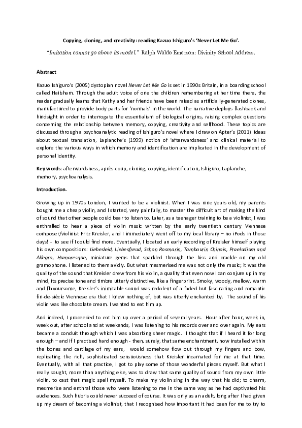 (PDF) Copying, Cloning and Creativity: Reading Kazuo Ishiguro's Never ...