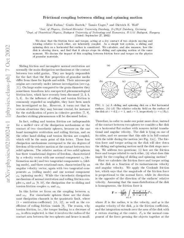 (PDF) Frictional Coupling between Sliding and Spinning Motion