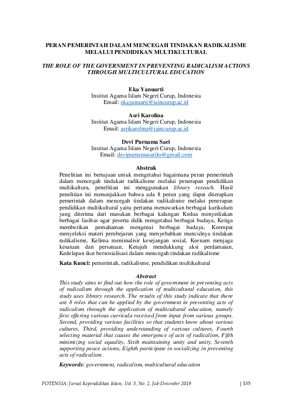 (PDF) Peran Pemerintah Dalam Mencegah Tindakan Radikalisme Melalui Pendidikan Multikultural
