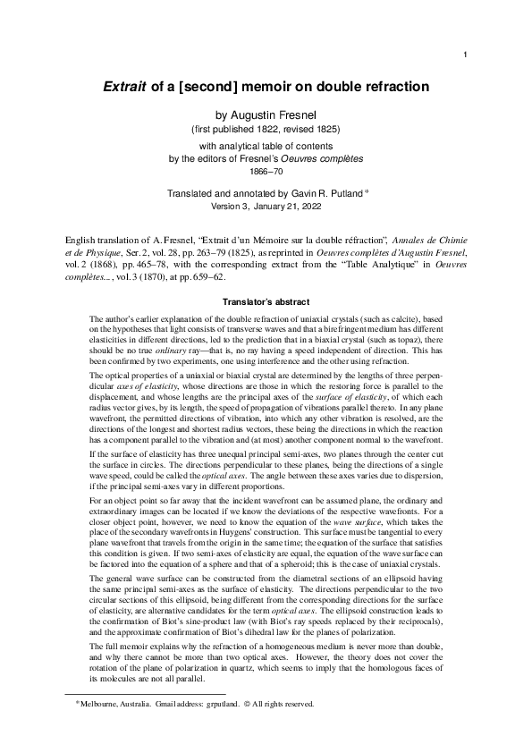 (PDF) Extrait of a [second] memoir on double refraction