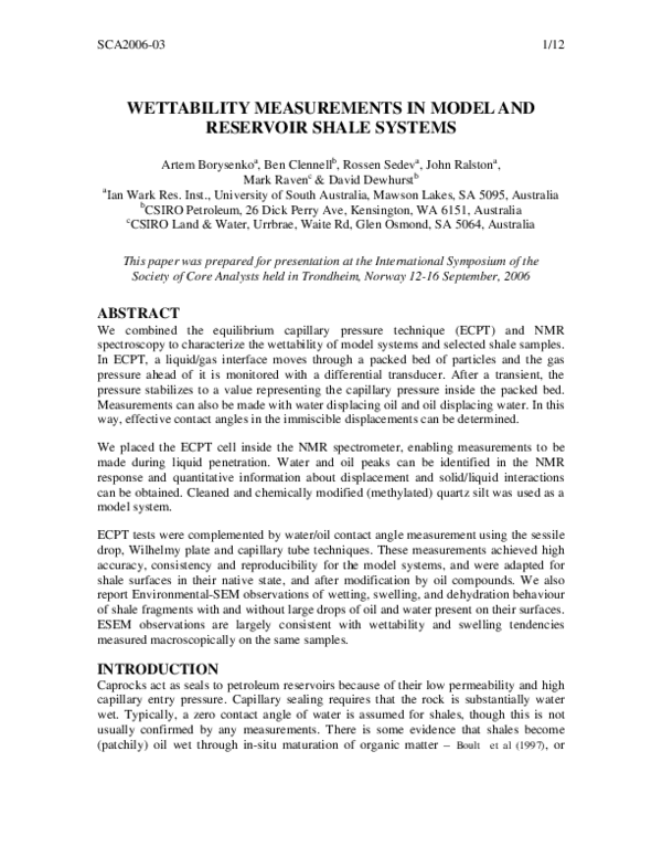 (PDF) Wettability Measurements in Model and Reservoir Shale Systems