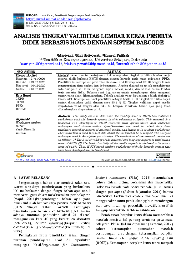(PDF) Analisis Tingkat Validitas Lembar Kerja Peserta Didik Berbasis Hots Dengan Sistem Barcode