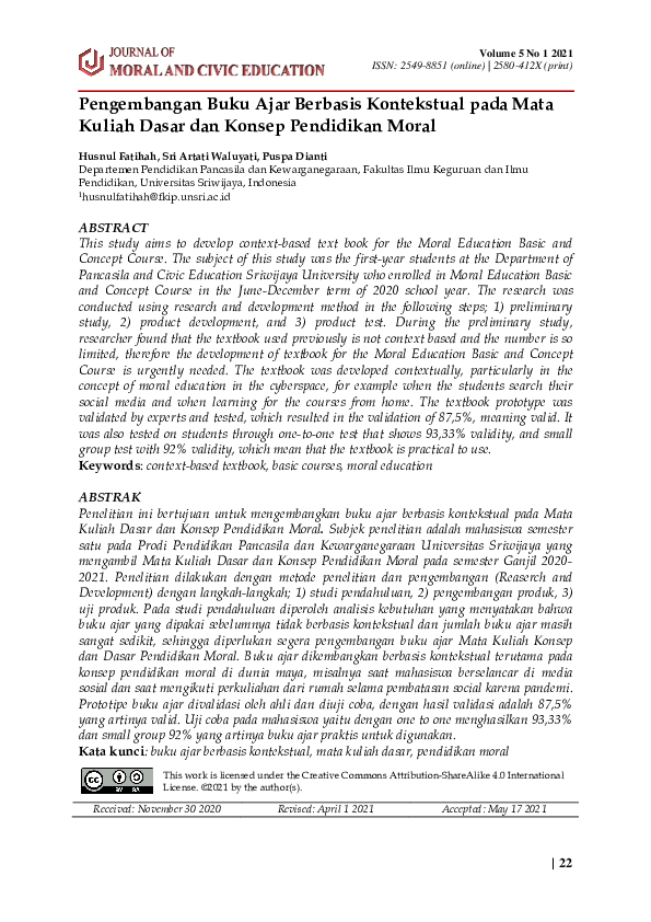 (PDF) Pengembangan Buku Ajar Berbasis Kontekstual pada Mata Kuliah Dasar dan Konsep Pendidikan Moral