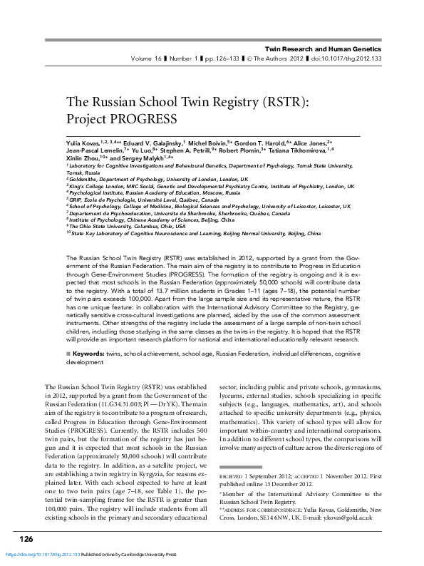 (PDF) The Russian School Twin Registry (RSTR): Project PROGRESS