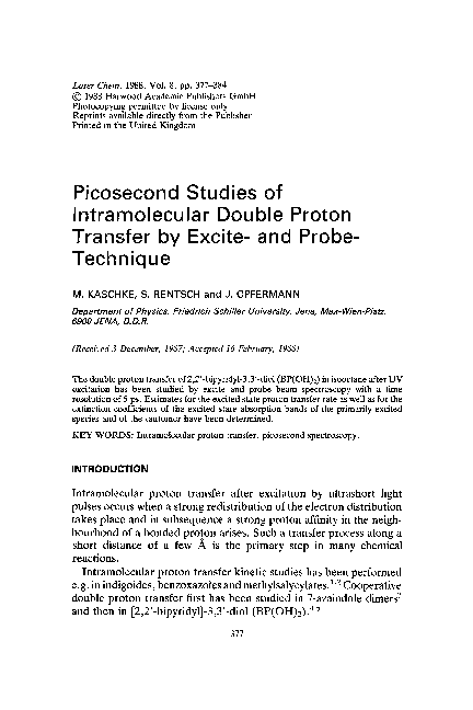 (PDF) Picosecond Studies of Intramolecular Double Proton Transfer by ...