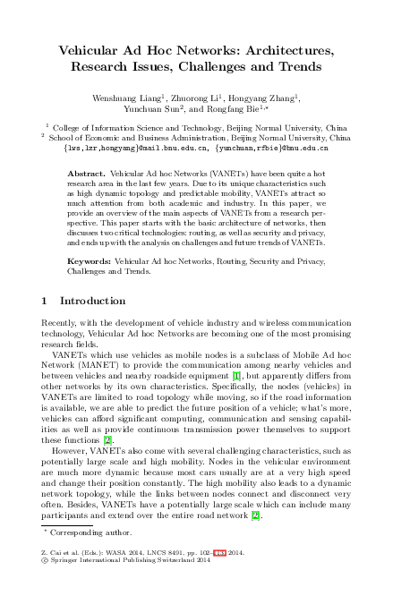 (PDF) Vehicular Ad Hoc Networks: Architectures, Research Issues, Challenges and Trends