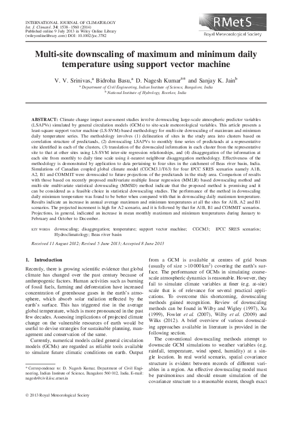 (PDF) Multi-site downscaling of maximum and minimum daily temperature using support vector machine