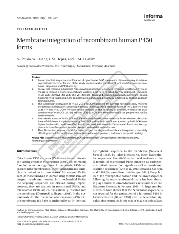 (PDF) Membrane integration of recombinant human P450 forms